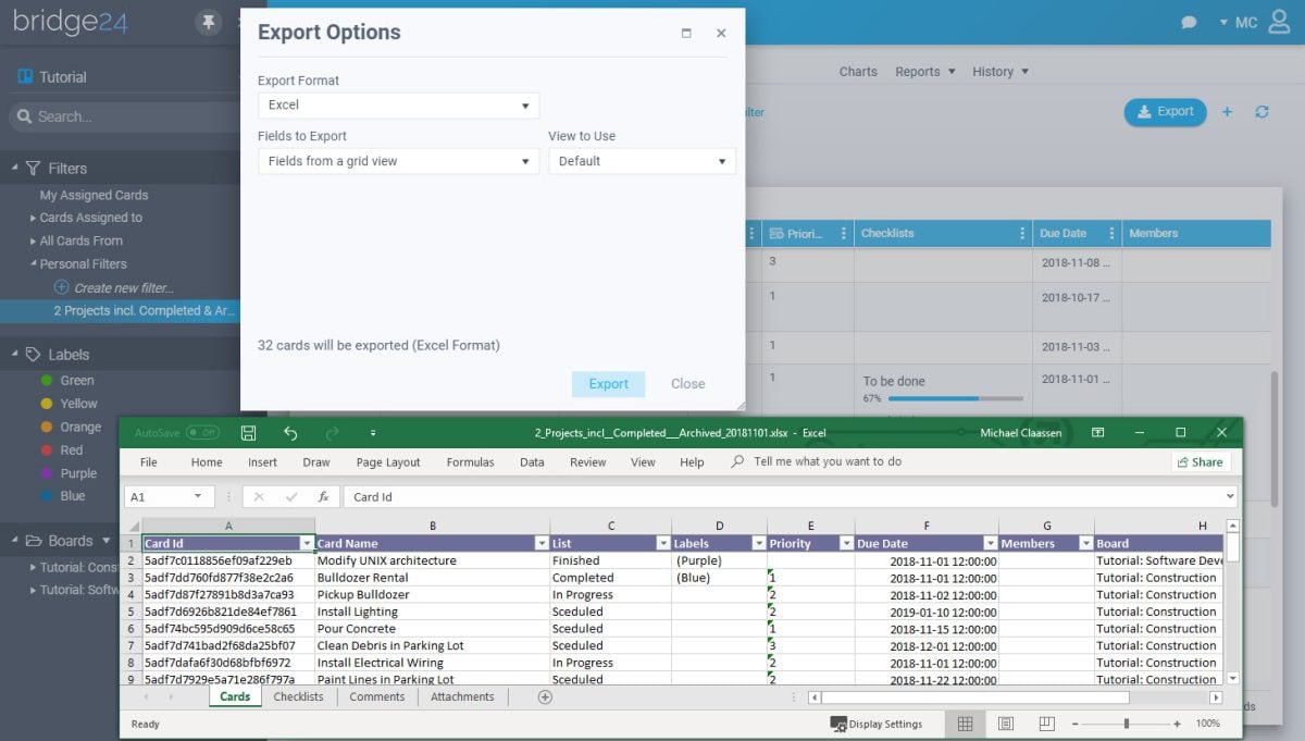 Trello Export Excel & CSV for Cards and Boards